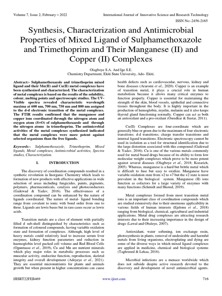 Synthesis, Characterization and Antimicrobial Properties of Mixed Ligand of Sulphamethoxazole ...