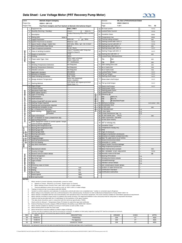 PRT Recovery Pump Motor Specifications | PDF | Electric Motor ...