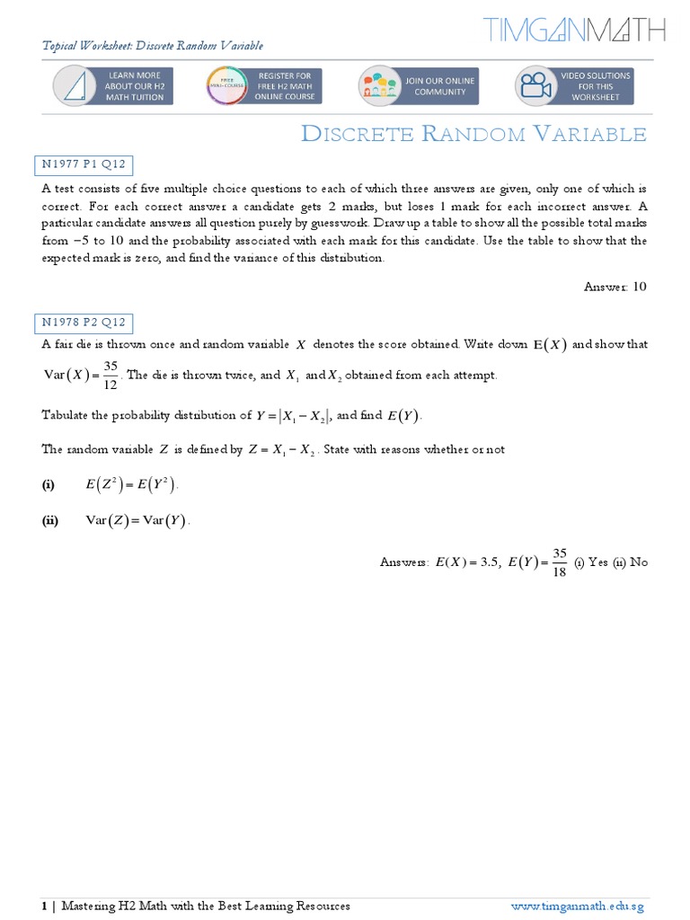 H2 Math Topical Worksheet (Discrete Random Variable) | PDF ...
