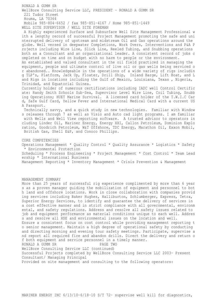 Ronald Gumm: Well Site Supervisor Expertise | PDF | Oil Well | Subsea ...
