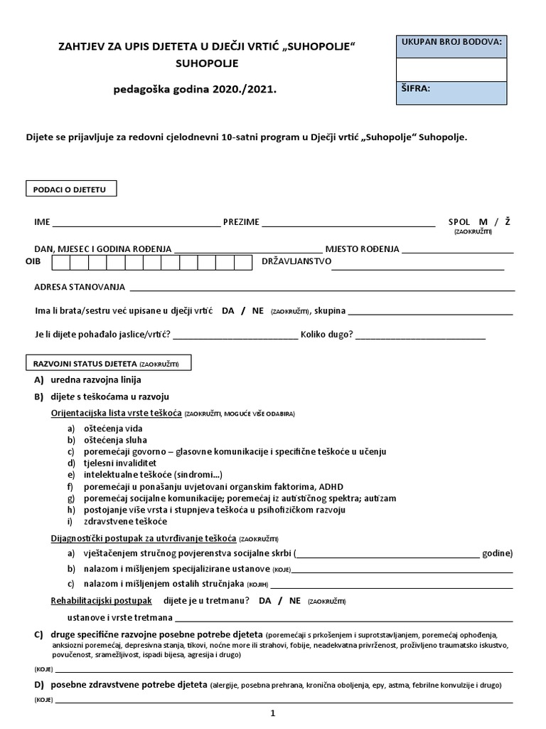 Zahtjev Za Upis Djeteta U Dječji Vrtić Suhopolje 2 | PDF