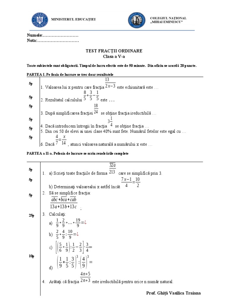 Fractii Ordinare Test 5 | PDF