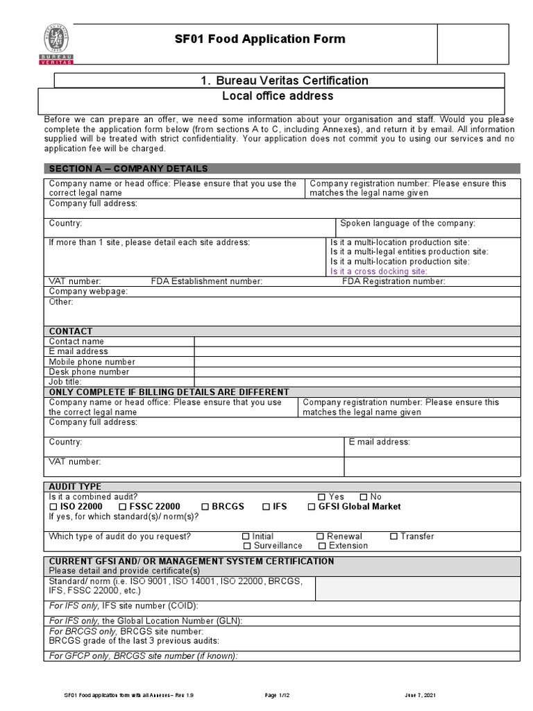 SF01 Food Application Form | PDF | Foods | Drink