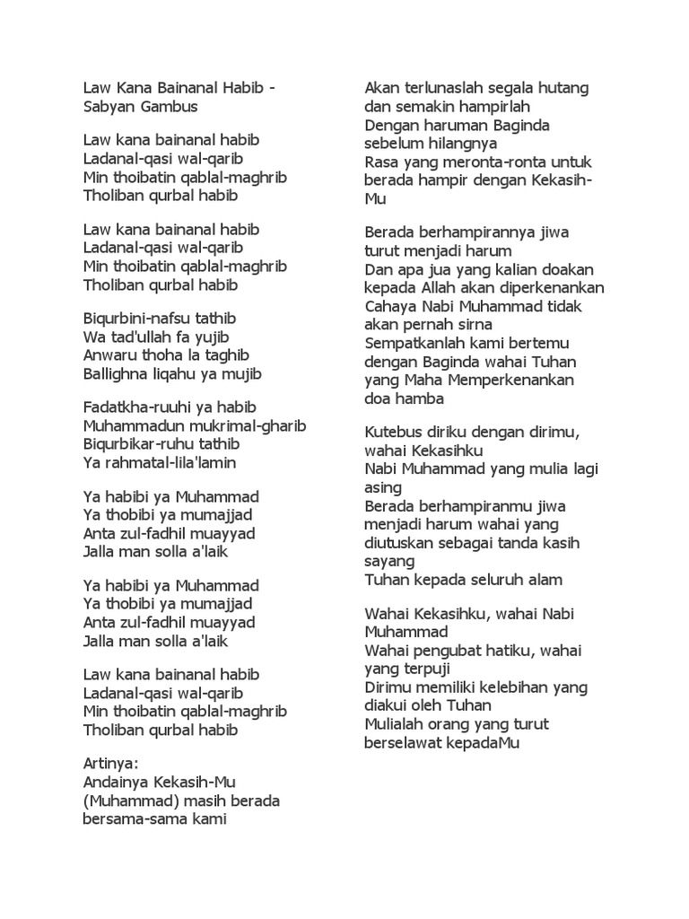 Lirik dan Arti Law Kana Bainanal Habib | PDF