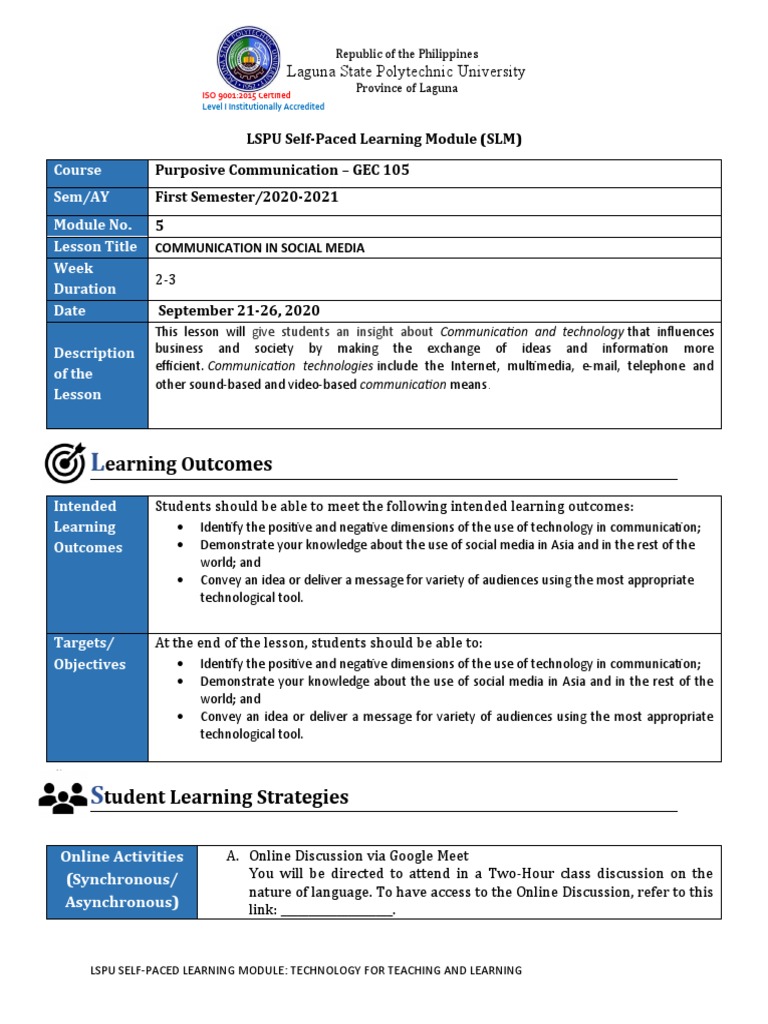 Earning Outcomes: LSPU Self-Paced Learning Module (SLM) Purposive Communication - GEC 105 First ...