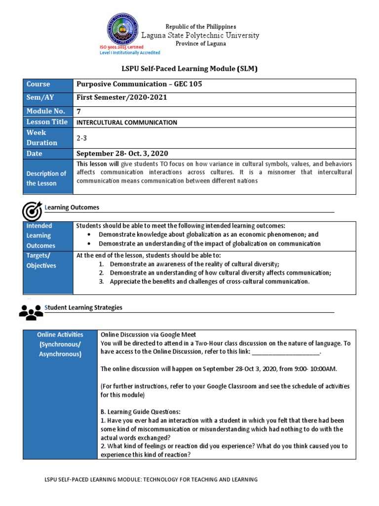 LSPU Self-Paced Learning Module (SLM) Purposive Communication - GEC 105 First Semester/2020-2021 ...