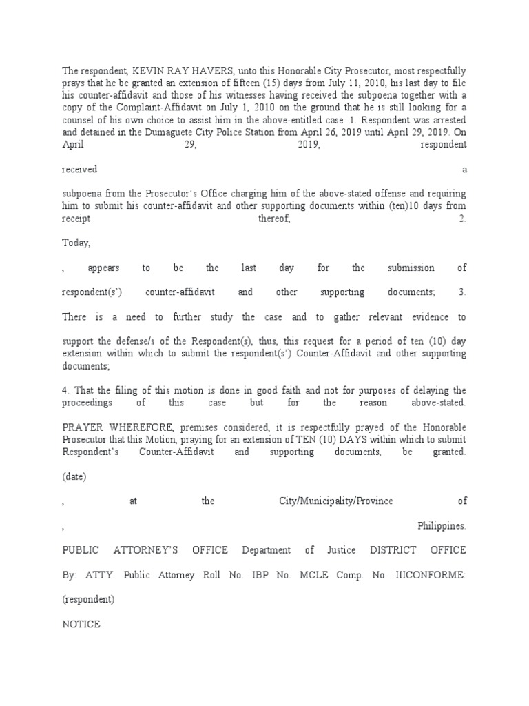 Sample Motion For Extension To File Counter Affidavit - 1 | PDF ...