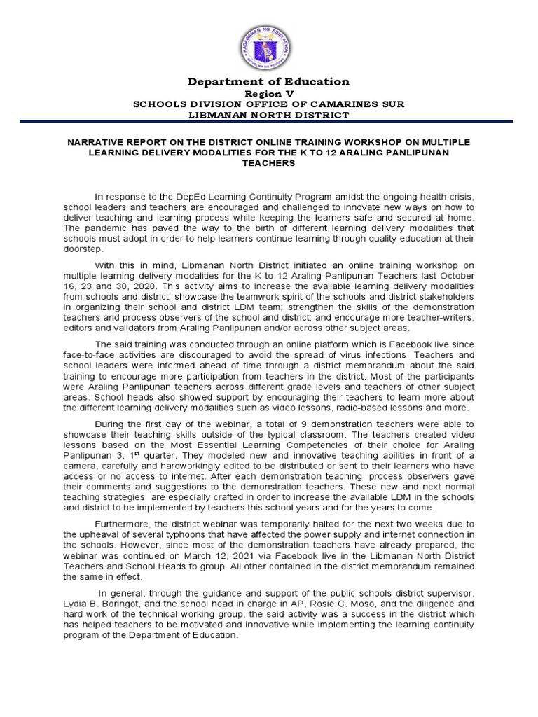 Narrative Report District Webianr | PDF | Learning | Teachers