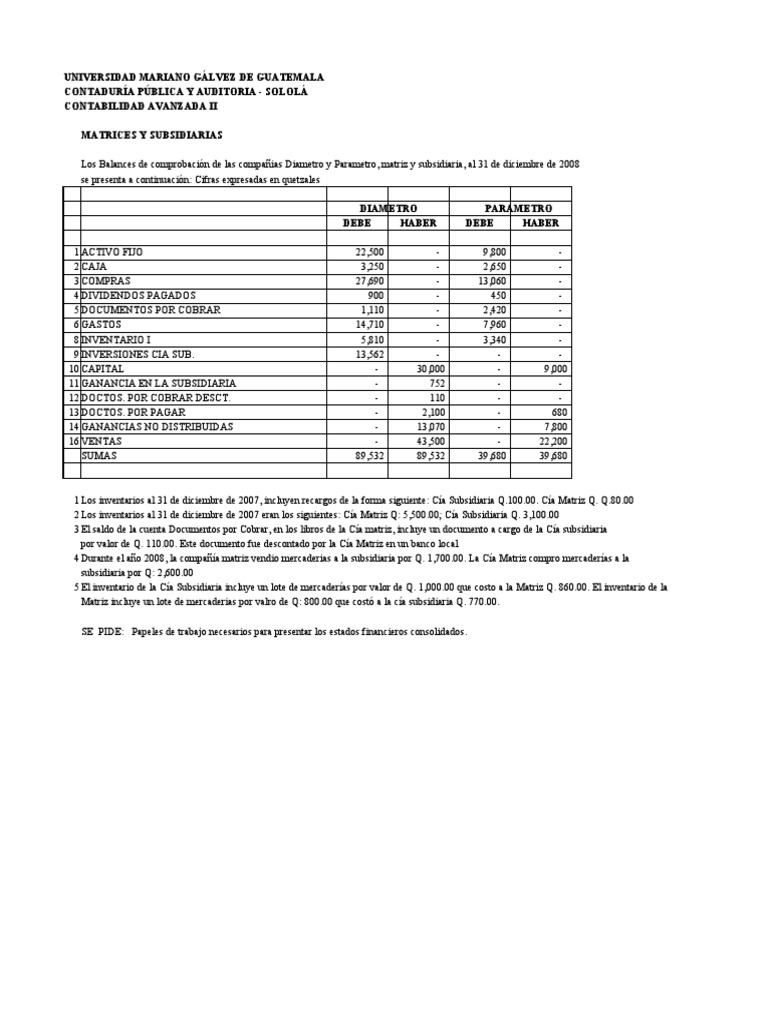 Matrices y Subsidiarias Ejemplo | PDF