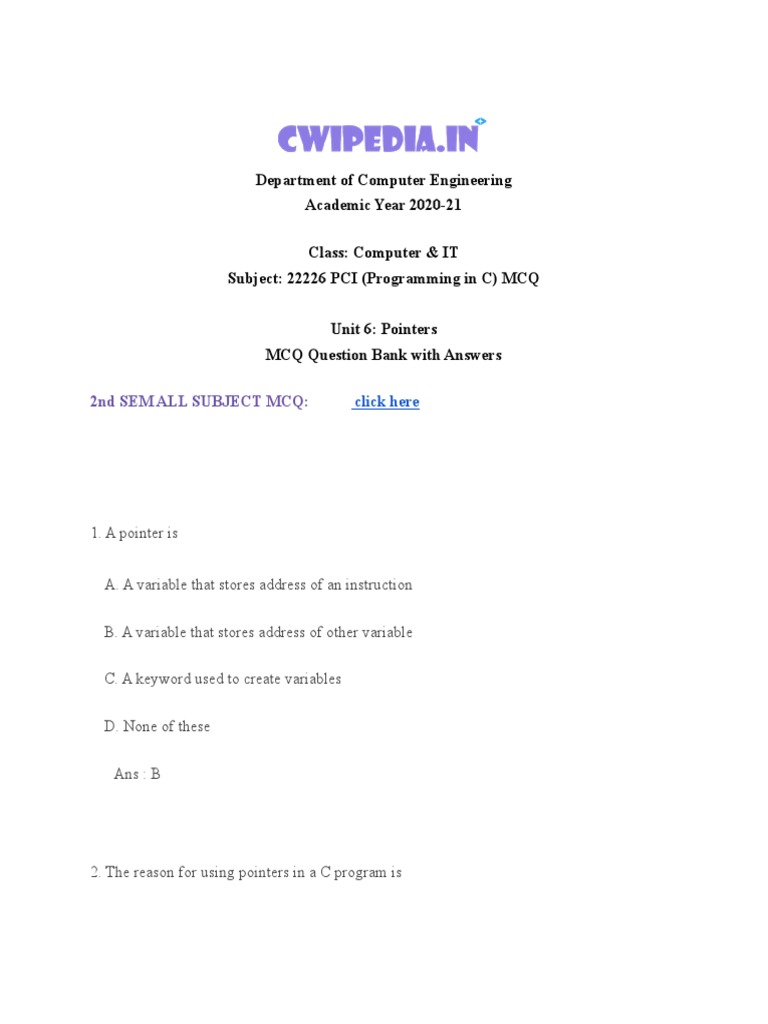Pic 22413 MCQ Unit 6 | PDF | Pointer (Computer Programming) | Variable (Computer Science)