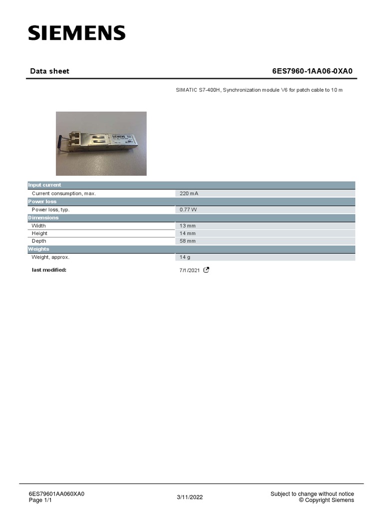 Data Sheet 6ES7960-1AA06-0XA0: SIMATIC S7-400H, Synchronization Module ...