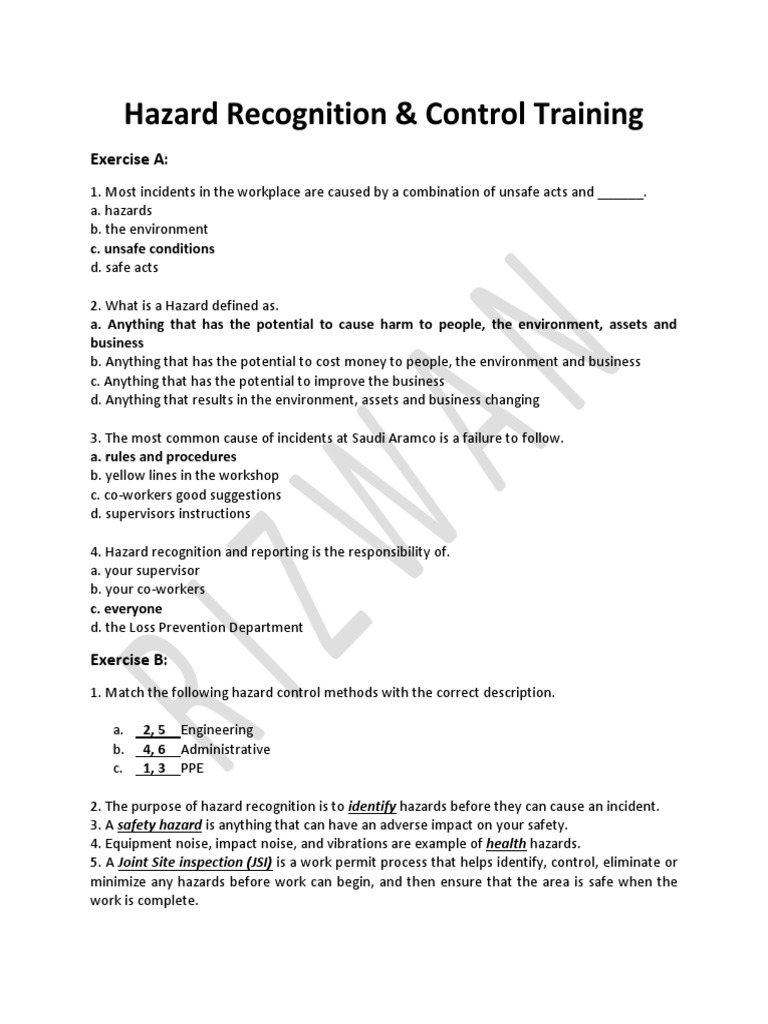 Hazard Recognition & Control Training: Exercise A | PDF | Personal Protective Equipment | Engines