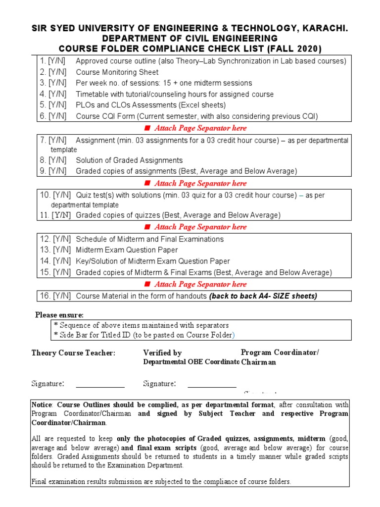 Theory Course Folder Check List SSUET | PDF | Test (Assessment) | Final ...