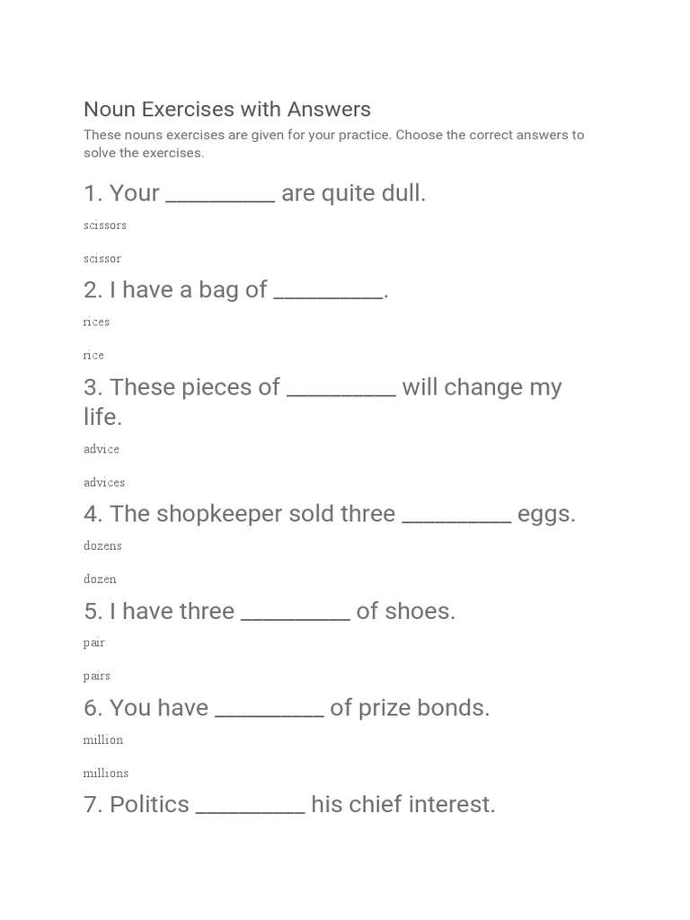 Noun Exercises With Answers | PDF