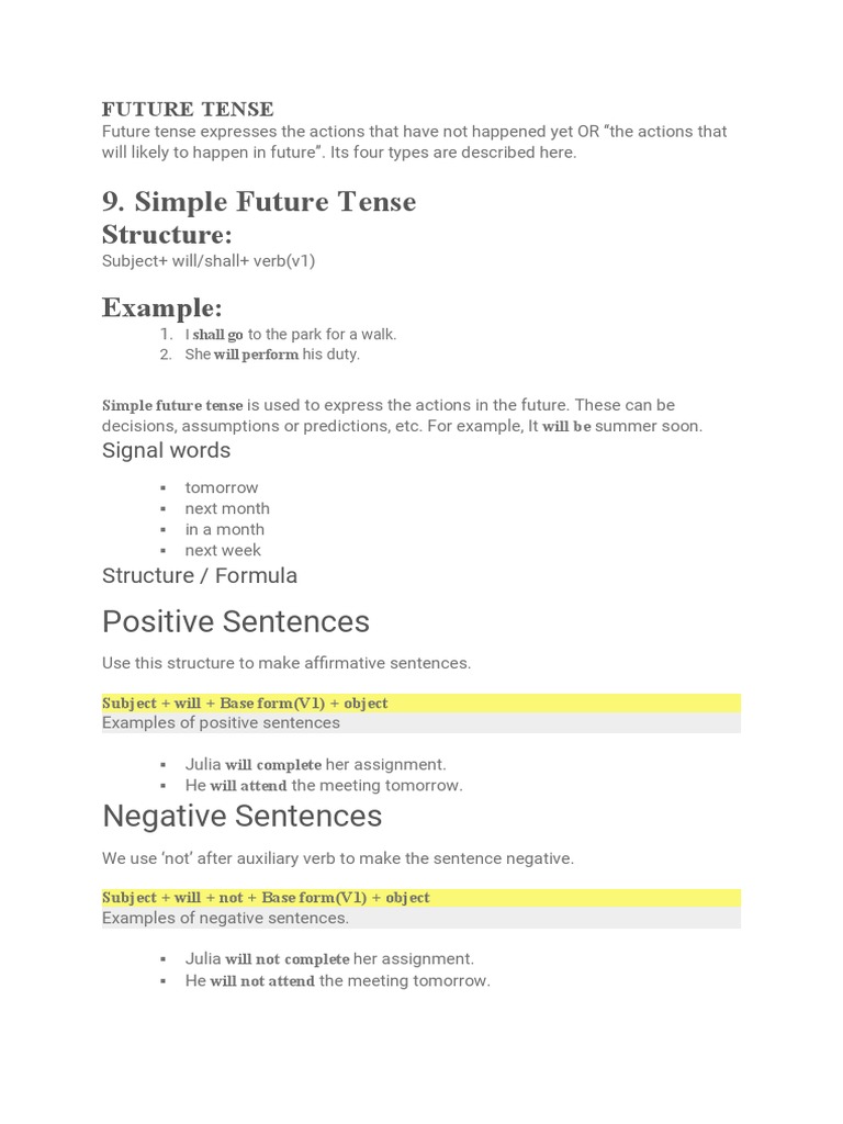 Simple Future Tense: Structure: Example | PDF | Verb | Question