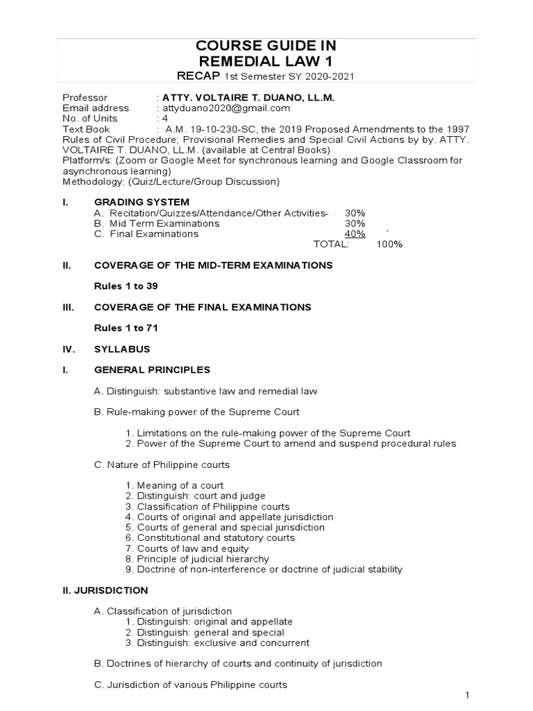 Remedial Law 1 Course Guide | PDF | Lawsuit | Foreclosure