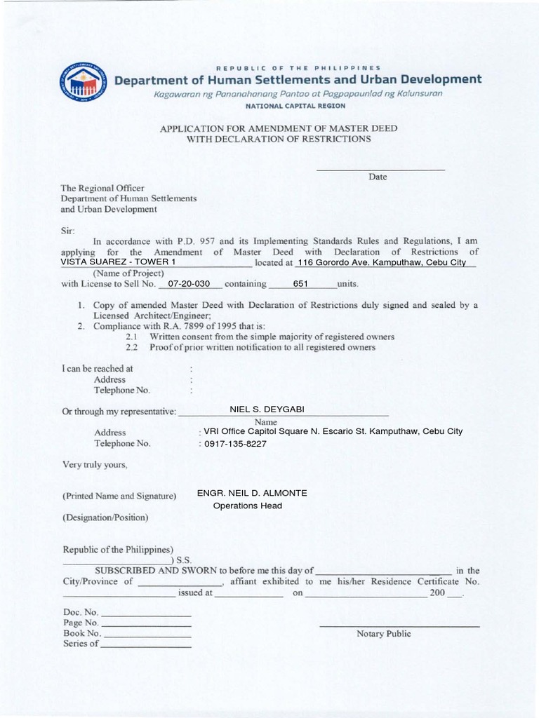 Application For Amendment of Master Deed With Declaration of Restrictions | PDF | Government ...