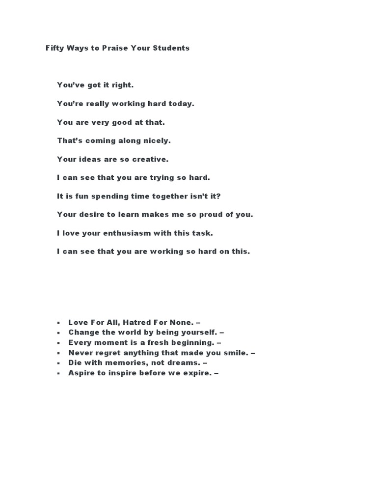 Fifty Ways To Praise Your Students | PDF | Self-Improvement