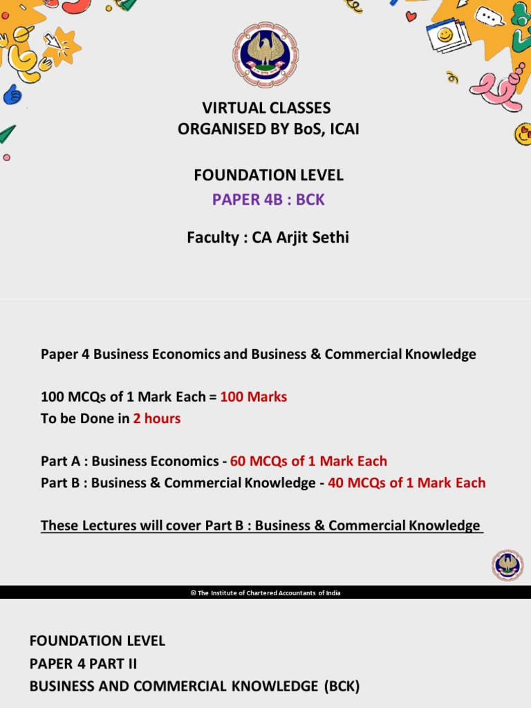 Virtual Classes Organised by Bos, Icai Foundation Level: Paper 4B: BCK ...