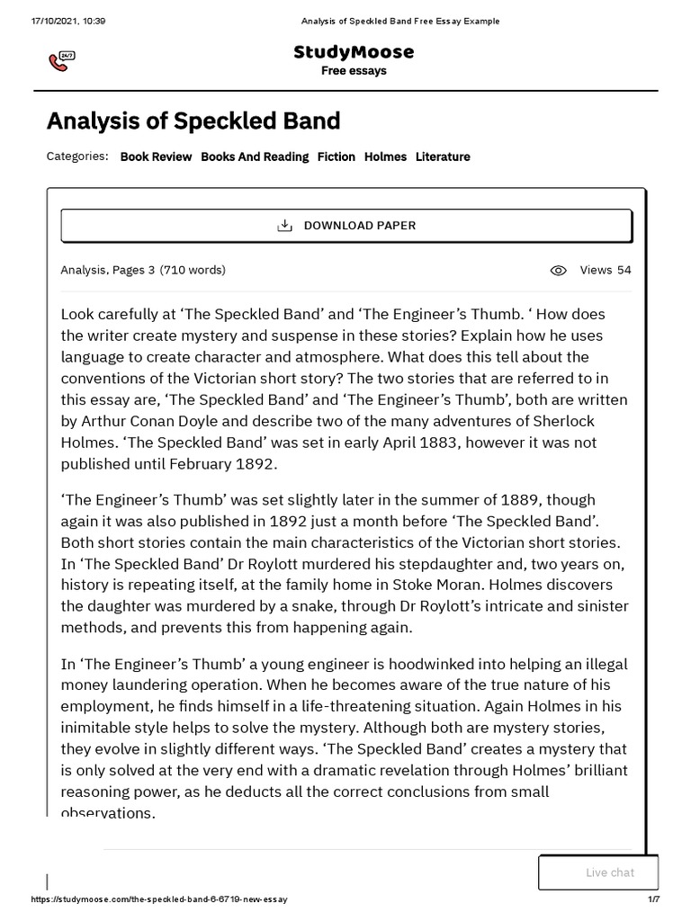 Analysis of Speckled Band Free Essay Example | PDF | Essays | Sherlock Holmes