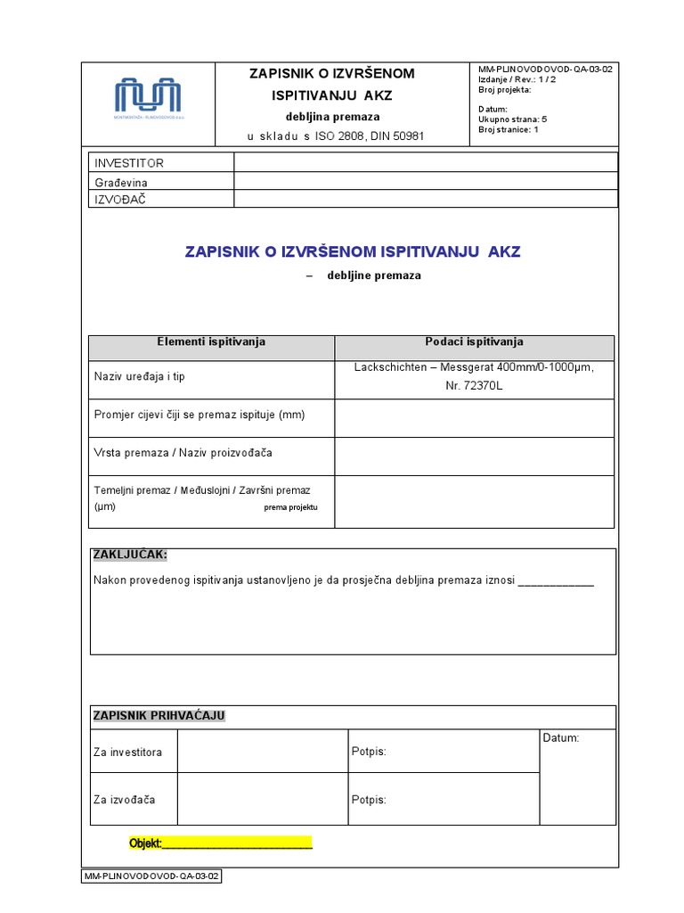 Obrazac 03-02, Zapisnik - o Debljini Premaza | PDF