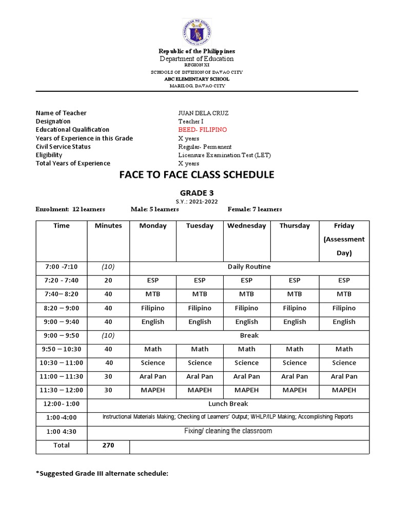 Grade 3 Class Schedule | PDF | Behavior Modification | Learning