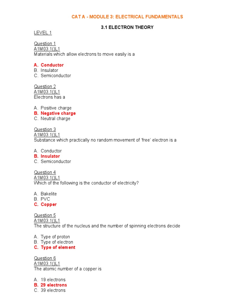 A. Conductor: Cat A - Module 3: Electrical Fundamentals | PDF | Electric Charge | Electrical ...