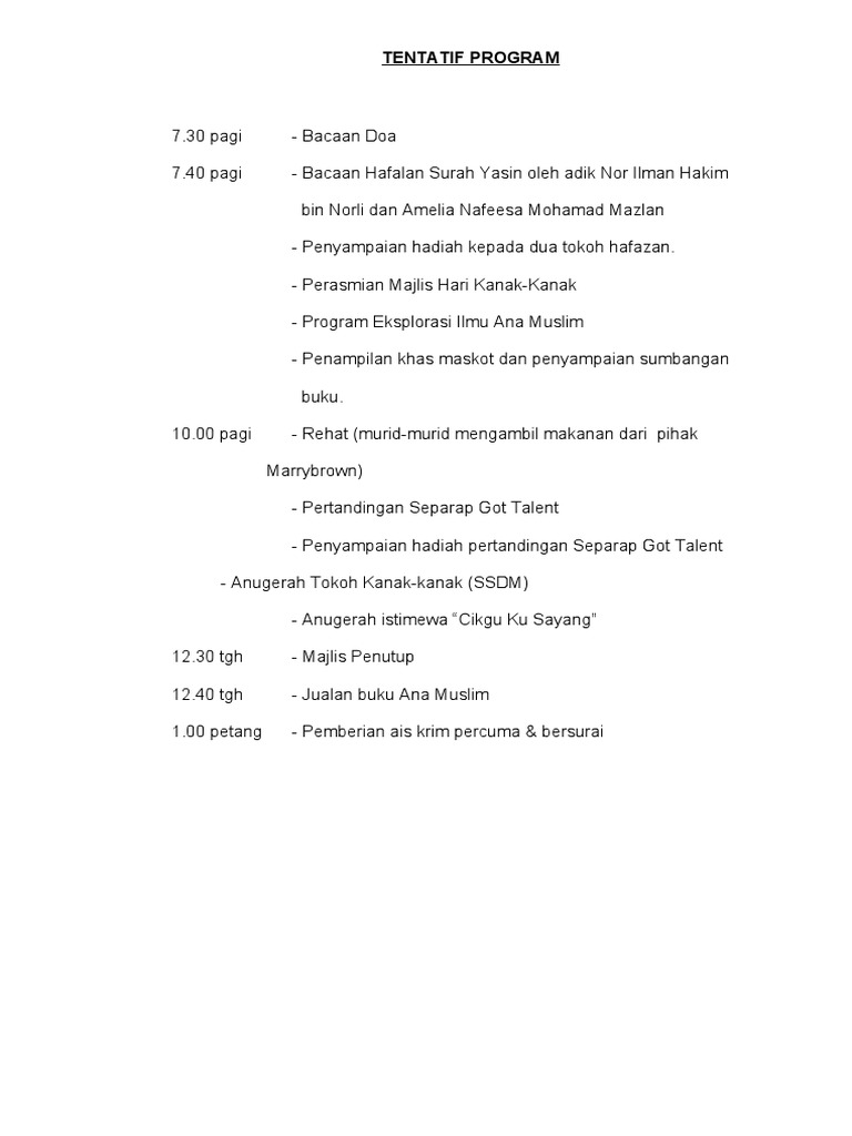 Tentatif Program Sambutan Hari Kanak-Kanak | PDF