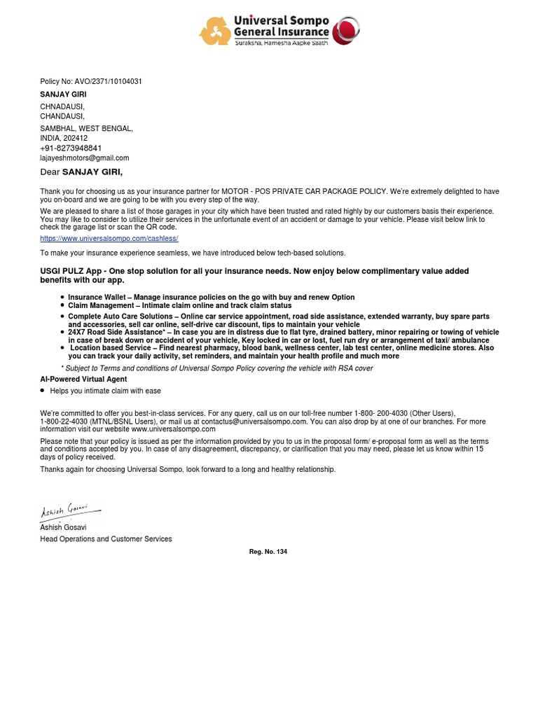 Insurance Policy and Welcome Letter for Sanjay Giri Regarding his Motor ...