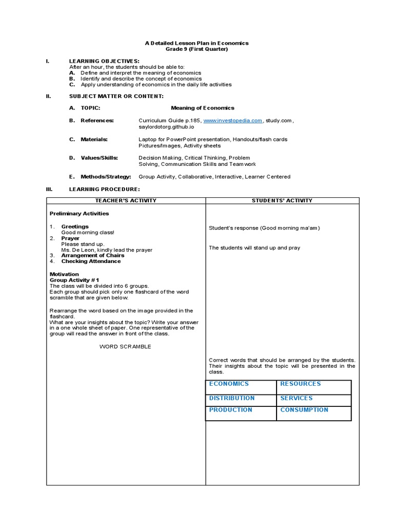 Grade 9 Economics Lesson Plan | PDF | Economics | Economies