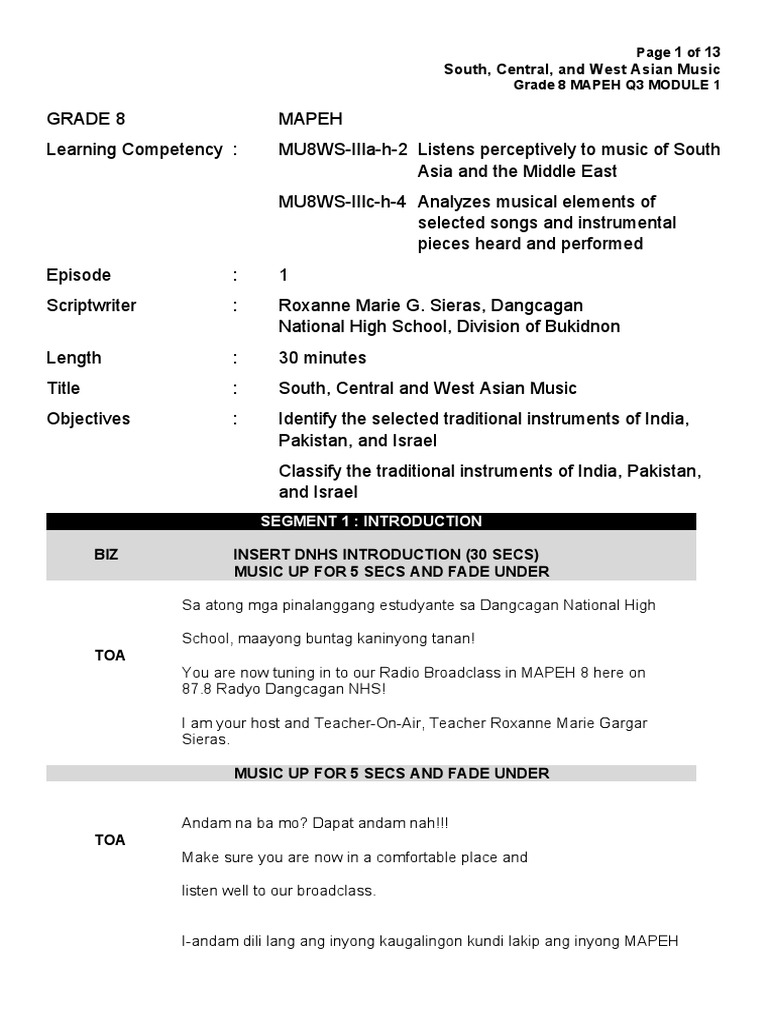 RBI Script-MAPEH 8 (Music) - 3rd Quarter | PDF