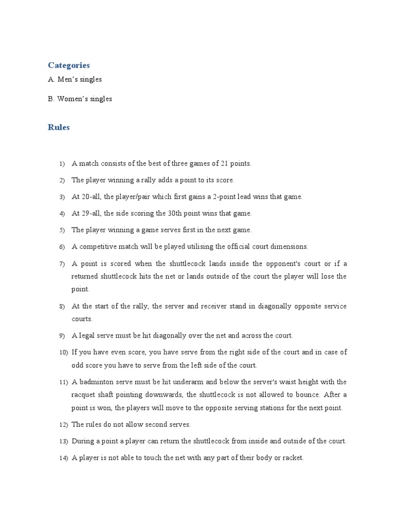 Rules and Regulations for Badminton competition | PDF | Games Of ...