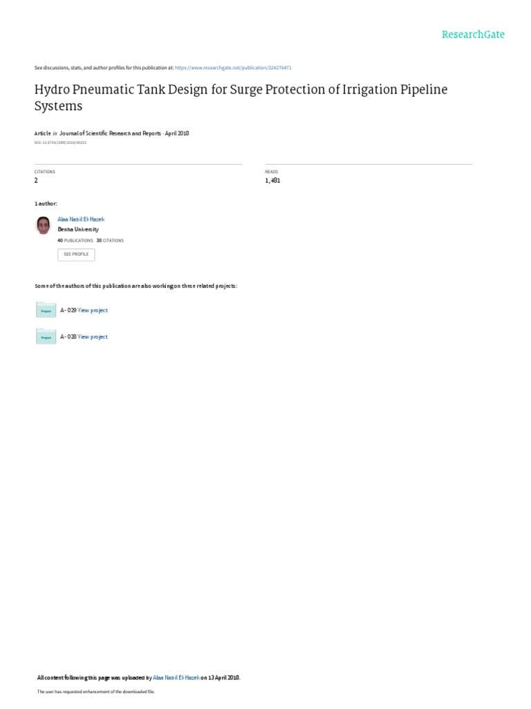 Hydro Pneumatic Tank Design For Surge Protection of Irrigation Pipeline ...