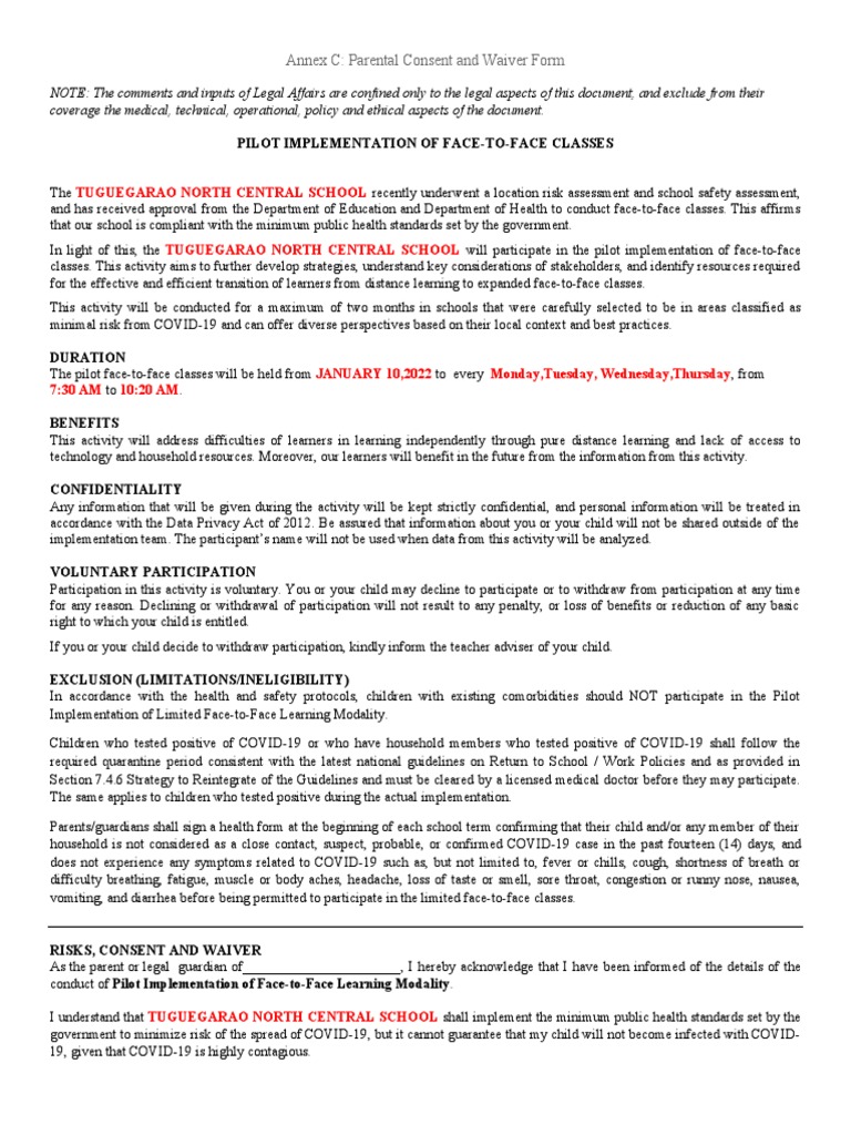 Annex C: Parental Consent and Waiver Form: Tuguegarao North Central ...