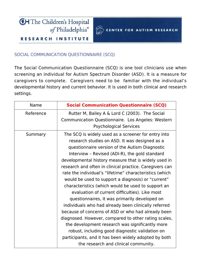 Social Communication Questionnaire (SCQ) | PDF | Autism Spectrum ...