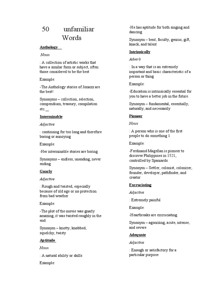 50 Unfamiliar Words | PDF | Adjective | Unconscious Mind