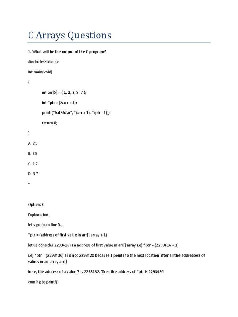 C Arrays Q - A With Explana | PDF | Pointer (Computer Programming ...