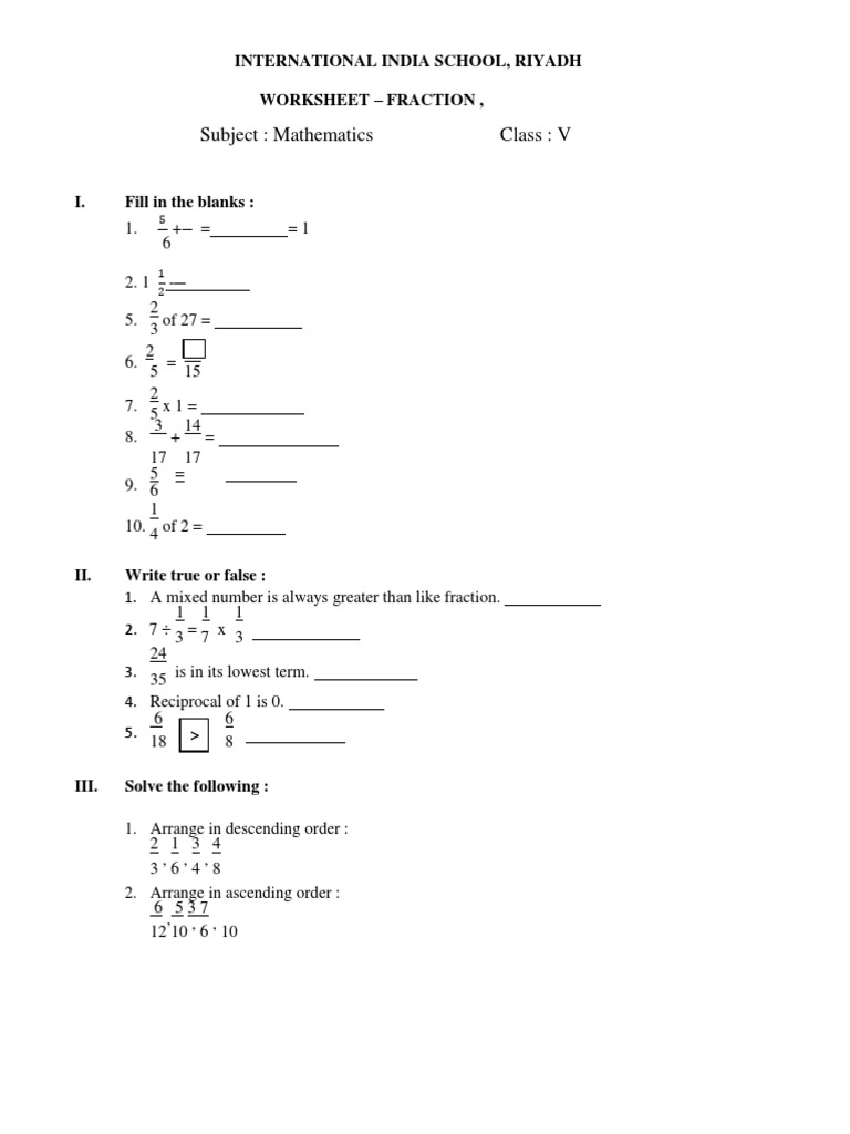 Subject: Mathematics Class: V: International India School, Riyadh ...