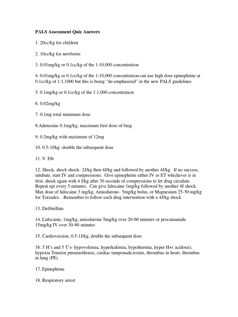 PALS Assessment Quiz Answers | PDF | Cardiopulmonary Resuscitation ...