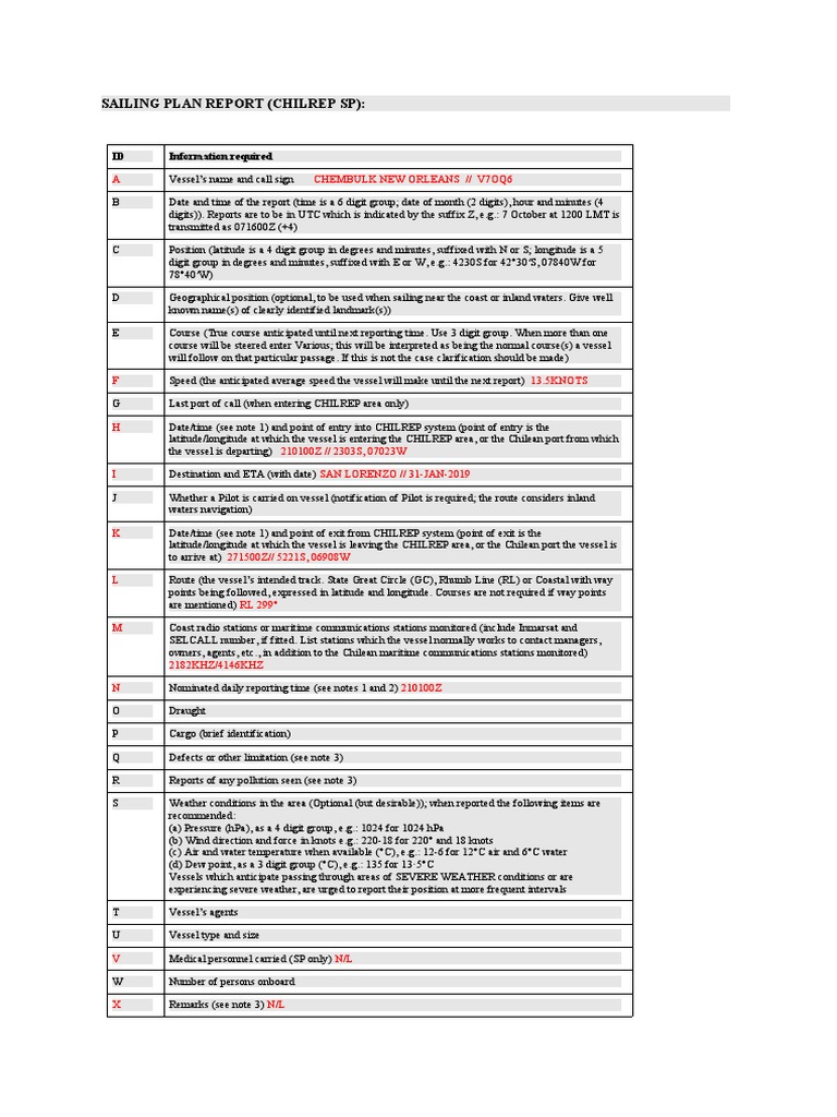 Sailing Plan Report (Chilrep SP) :: ID Information Required | PDF ...