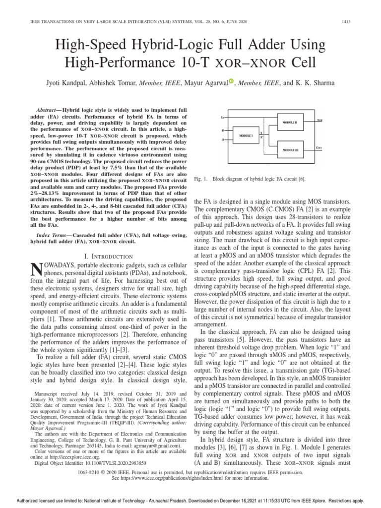 High-Speed Hybrid-Logic Full Adder Using High-Performance 10-T - Cell | PDF | Logic Gate ...