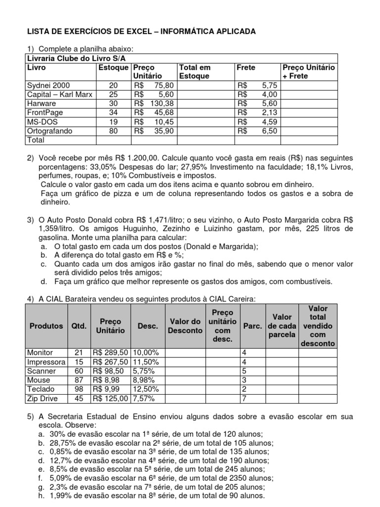 Exercícios Práticos de Excel Básico | PDF | Energia e recurso | Natureza