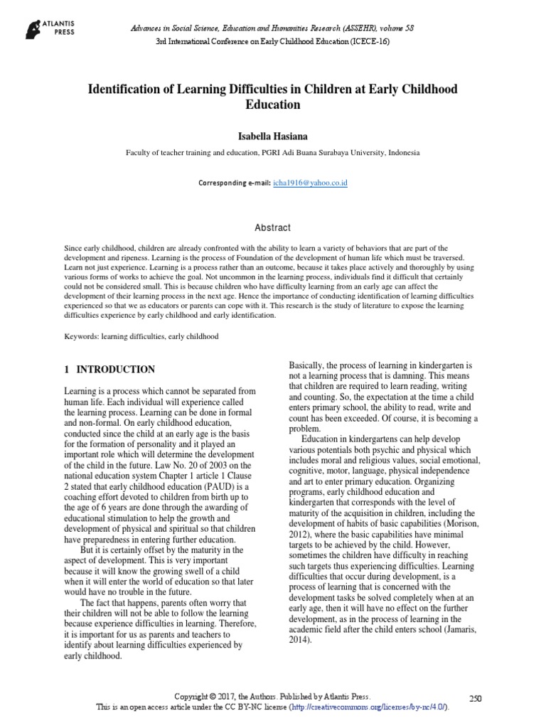 Identification of Learning Difficulties in Children at Early Childhood ...