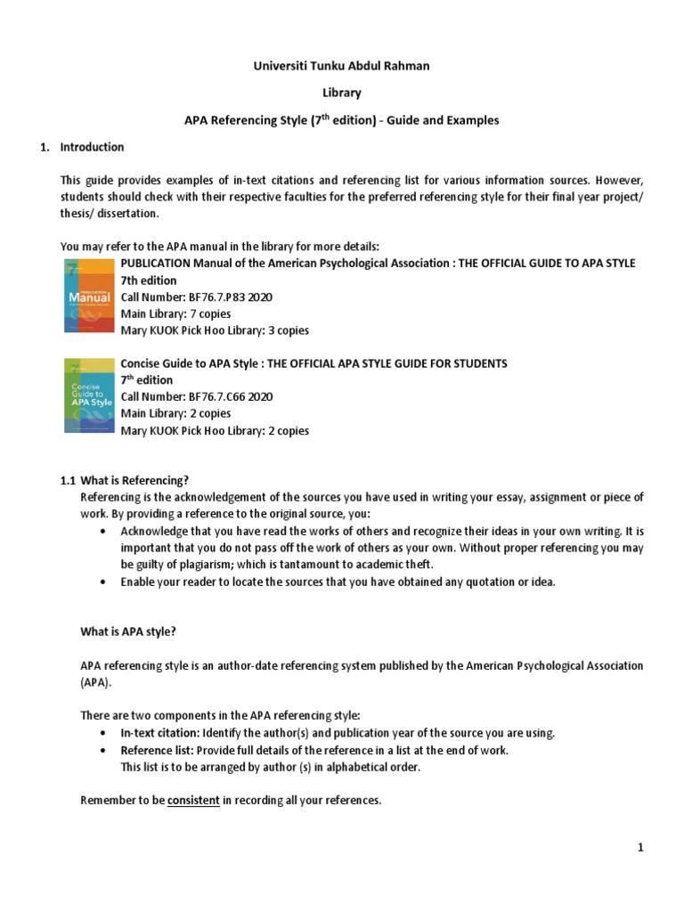 Universiti Tunku Abdul Rahman Library APA Referencing Style (7 Edition ...