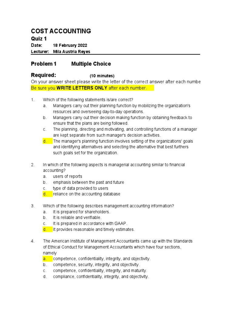 Cost Accounting: Quiz 1 | PDF | Accounting | Management Accounting