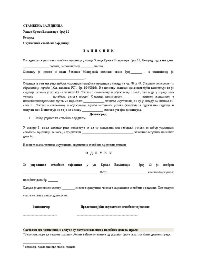 ZAPISNIK SA SEDNICE I ODLUKA O IZBORU UPRAVNIKA STAMBENE ZAJEDNICE ...