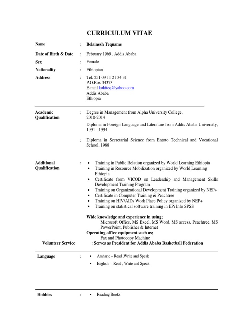 CV for Experienced HR Professional | PDF | Employment | Ethiopia