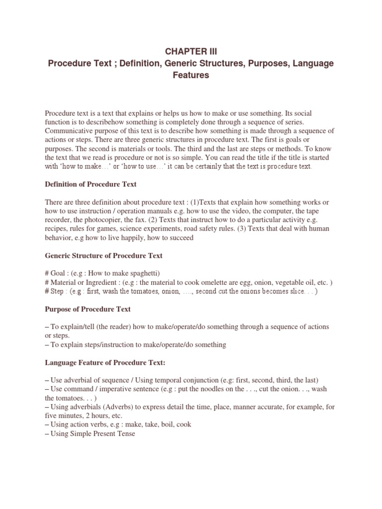 Procedure Text Definition, Generic Structures, Purposes, Language ...
