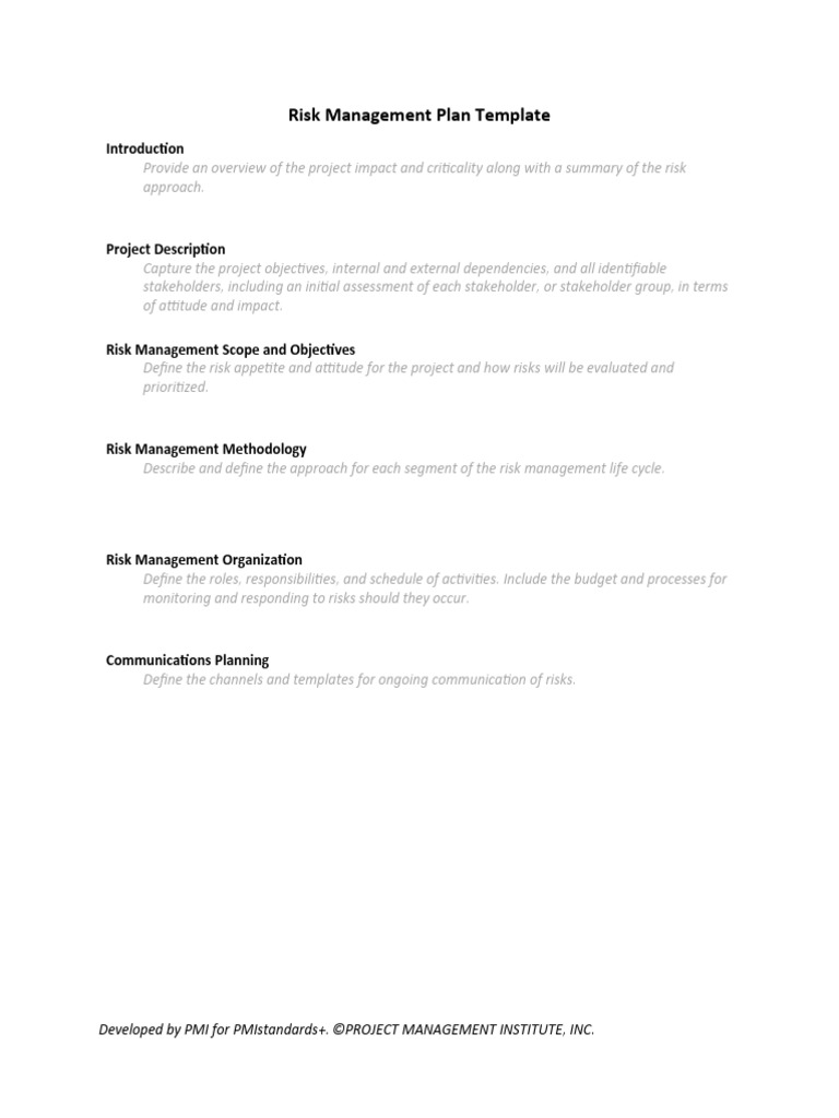 Risk Management Plan Template: Developed by Pmi For Pmistandards+ ...