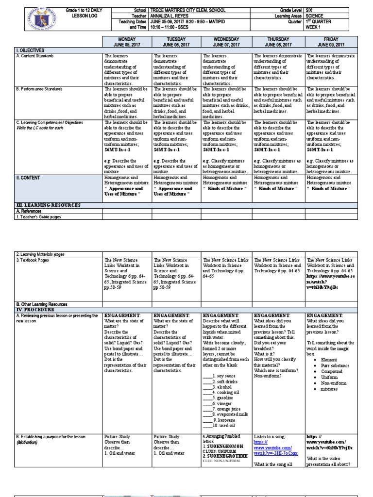 DLP in Science W1 Q1 June 5-9 2017 | PDF | Mixture | Homogeneity And ...